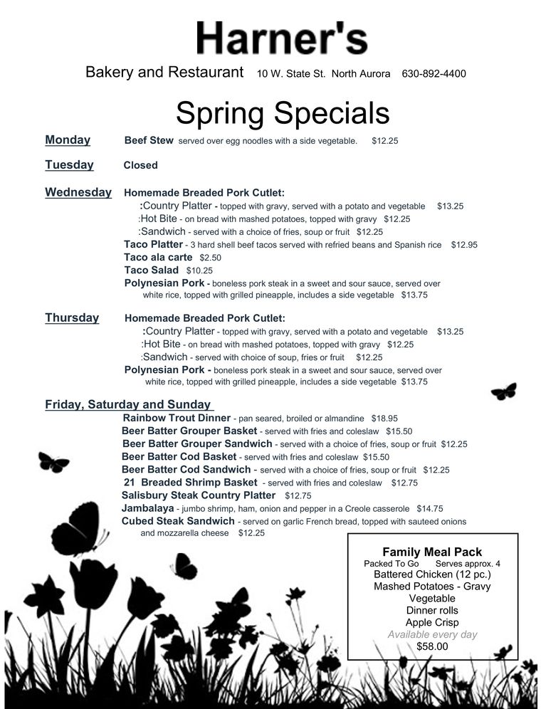 Specials | Harner's Bakery, Restaurant & Catering - North Aurora IL